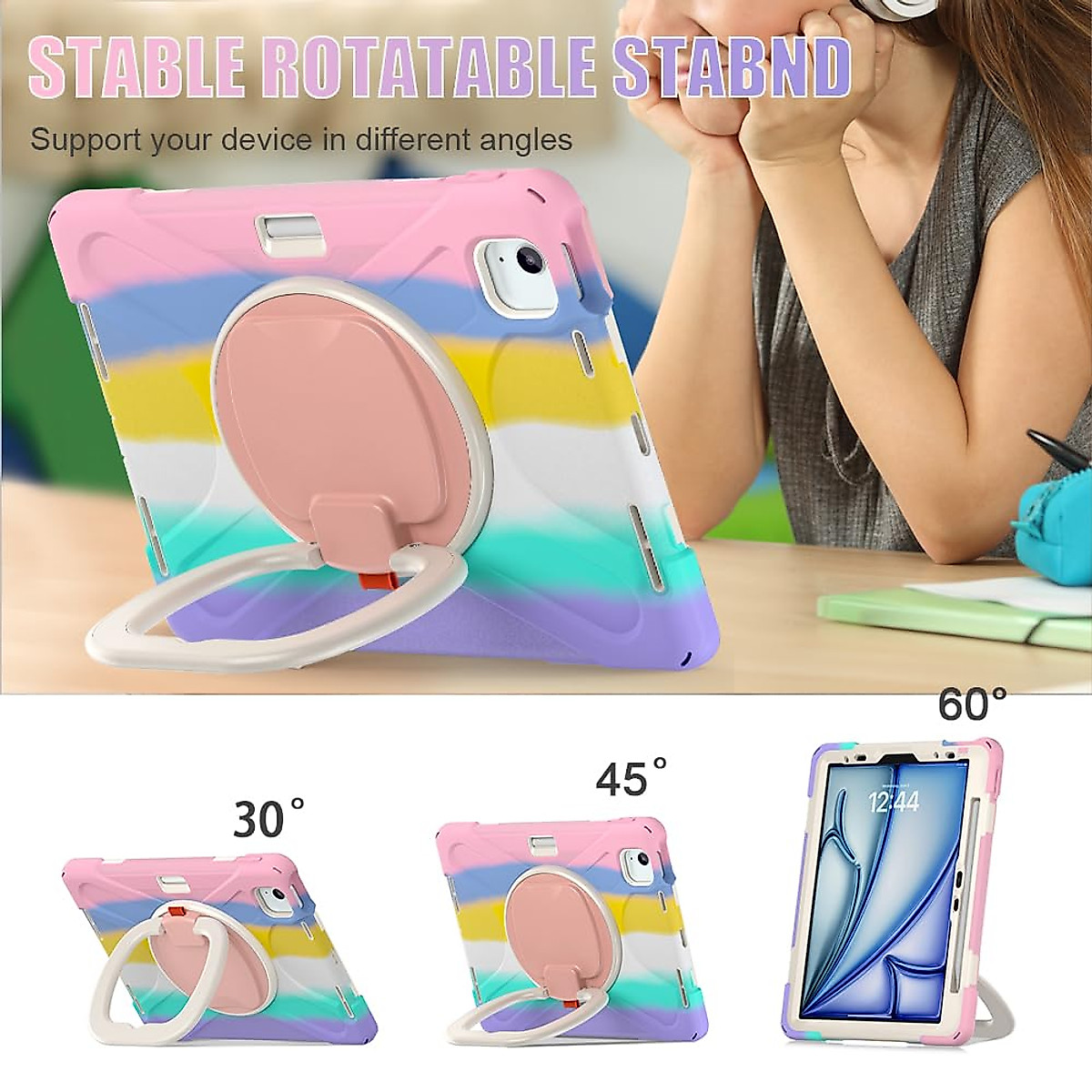 SCSVPN for iPad Air 11 Inch Case 6th Generation 2024 M2 | iPad Air 5th/4th Gen Case 10.9''| iPad Pro 11'' (2022-2018) Protection Kids Cover w/Pencil Holder-Stand-Handle-Shoulder Strap, Colorful Pink