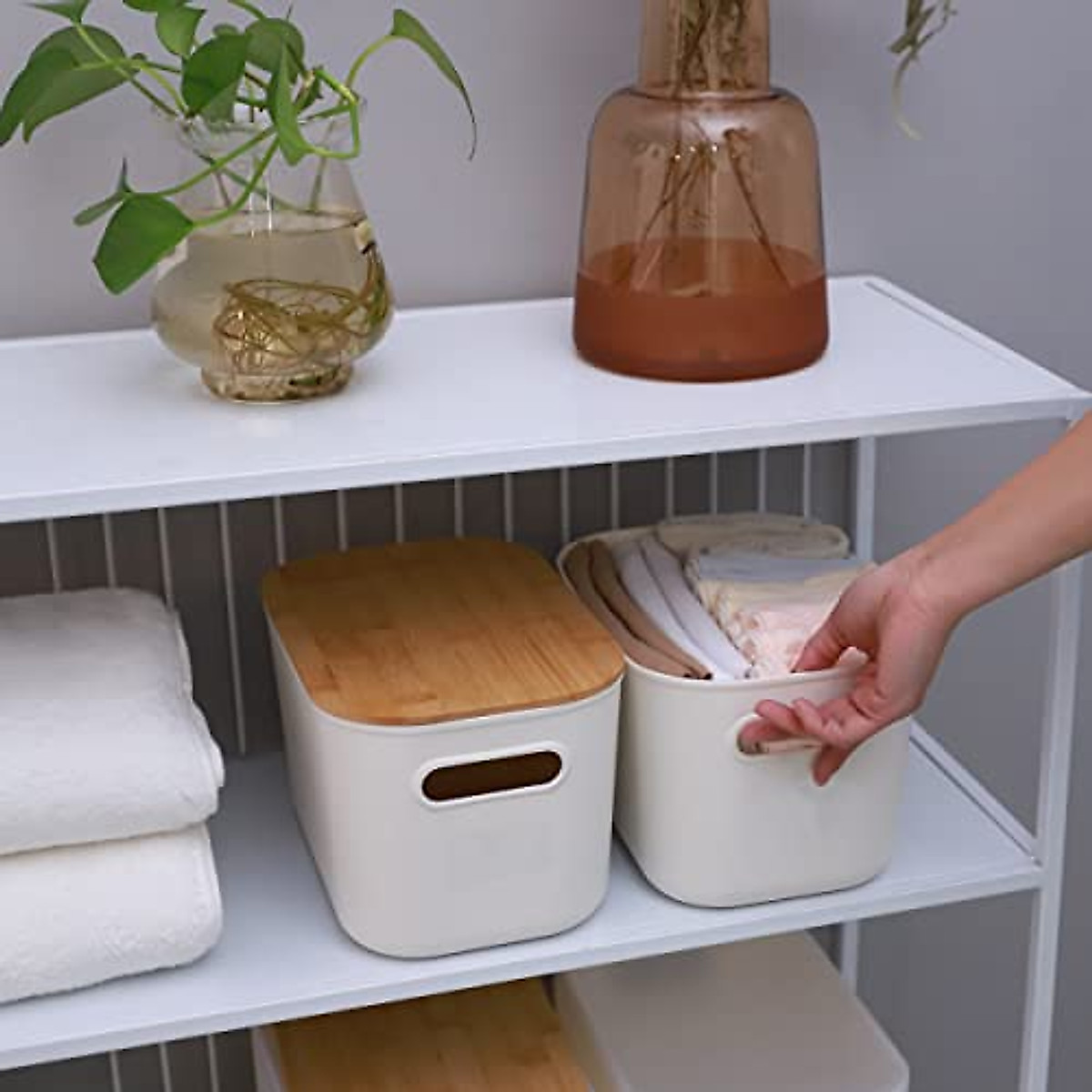 Citylife 6 Packs Plastic Storage Bins with Bamboo Lids White Storage Box with Handle Stackable Containers for Organizing