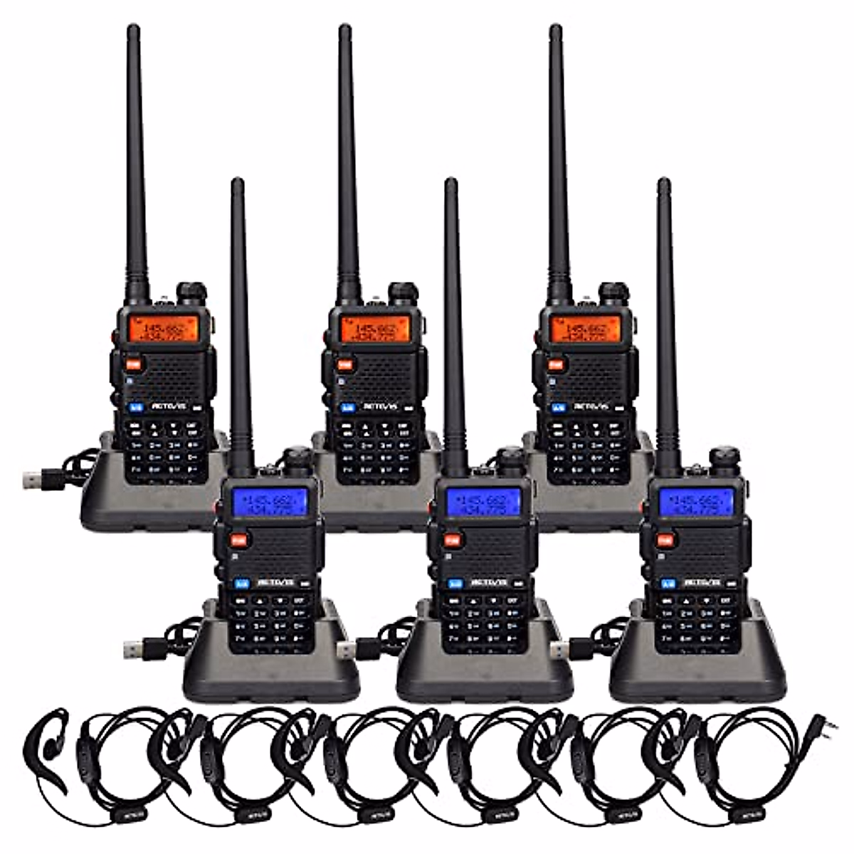 Retevis RT-5R Dual Band Two Way Radios Long Range, High Power 128CH 2 Way Radio, Flashlight 1400mAh Walkie Talkies for Adults with Earpiece (6 Pack)