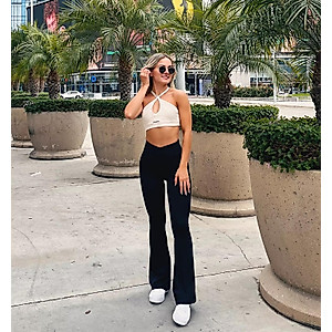 Sunzel Flare Leggings for Women with Pockets, Crossover Yoga Pants with Tummy Control, High Waisted and Wide Leg 32" Midnight Medium