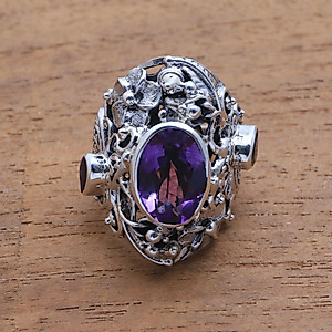 NOVICA Artisan Handmade .925 Sterling Silver Amethyst Citrine Cocktail Ring Unique Purple Yellow Indonesia Orchid Animal Themed Floral Birthstone Butterfly 'Frangipani Butterfly'