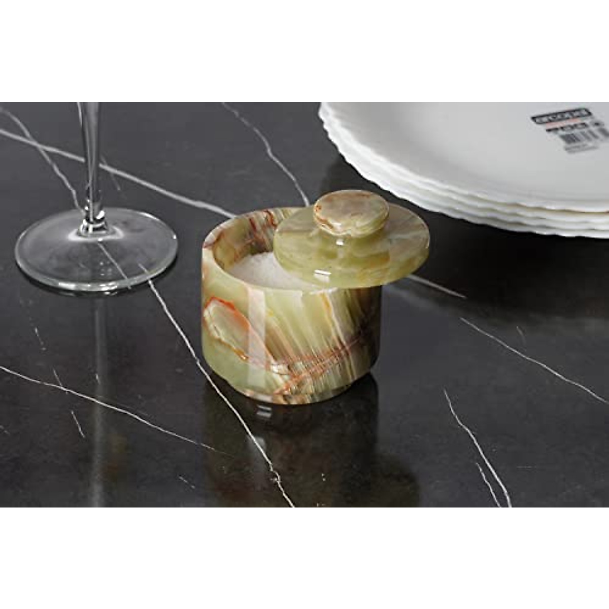 MARBLOUS KRAFTS stylish marble sugar dispenser 3.5 oz salt cellar, salt container and marble décor 3" X 3" Kitchen décor and Salt Pepper Bowls salt dispenser (Green Onyx)