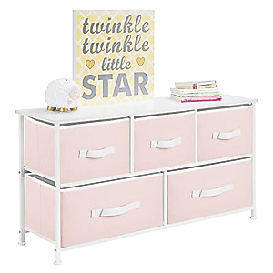 mDesign Wide Steel Frame/Wood Top Storage Dresser Furniture with 5 Fabric Drawers, Large Bureau Organizer for Baby, Kid, and Teen Bedroom, Nursery, Playroom, Dorm - Jane Collection, Pink/White, Pack of 1