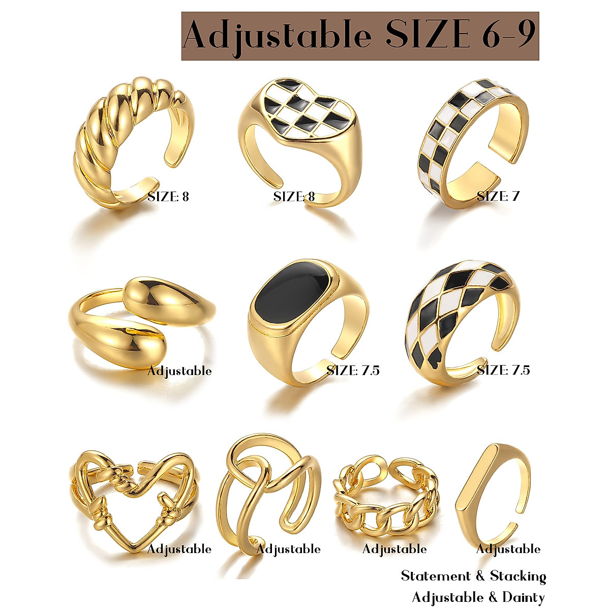 FAXHION 10PCS Gold Stackable Rings Set for Women, 18K Gold Plated Open Stacking Knuckle Ring, Adjustable Chunky Signet Band Ring for Gift