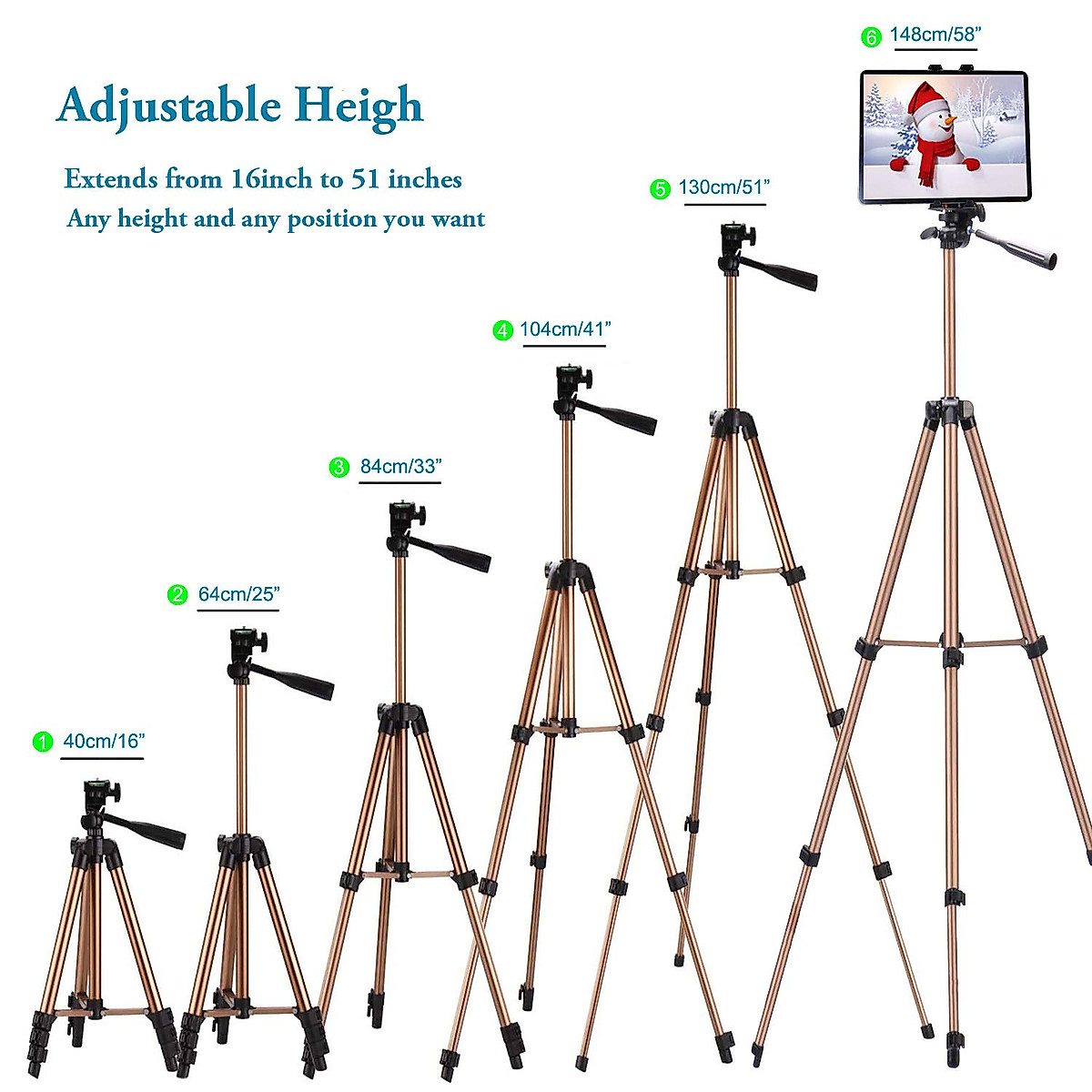 IPad Tripod Stand Universal Tablet Phone Mount Holder 51in Lightweight with Bluetooth Remote for iPad Pro 12.9 11 10.5,iPad Air Mini,Surface Tab,Galaxy Tab and 3.5 to 13.5in iPhone Tablet - Champagne