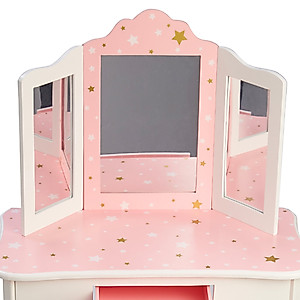 Teamson Kids Princess Gisele Twinkle Star Print 2-Piece Kids Wooden Play Vanity Set with Vanity Table, Tri-Fold Mirror, Storage Drawer, and Matching Stool, White with Pink and Gold Star Accent