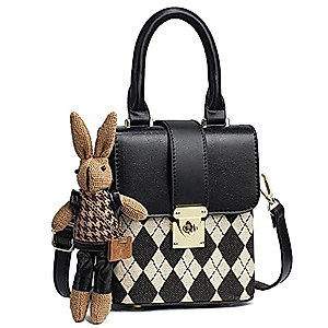 RTGGSEL Retro Vegan Leather Quilted Lattice Crossbody Shoulder Flap Bags for Women Small Tote Square Satchel Handbags Purse with Bunny Doll Pendant (Quilted-Black)