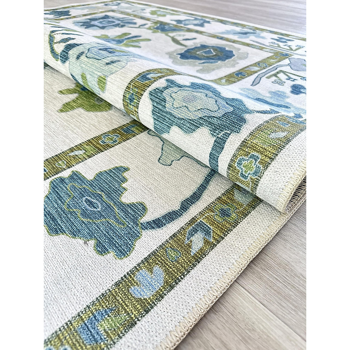 Green Oushak Rug, Modern, Vintage, Turkish, Eclectic, Floral, Pastel, Washable, Large Area Rugs for Living Room, Dining, Bedroom, Girls, Boys, 7'5"x9'8"