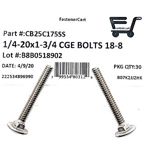 1/4-20x1-3/4 Carriage Bolts Stainless Steel 18-8 (30 Pieces)