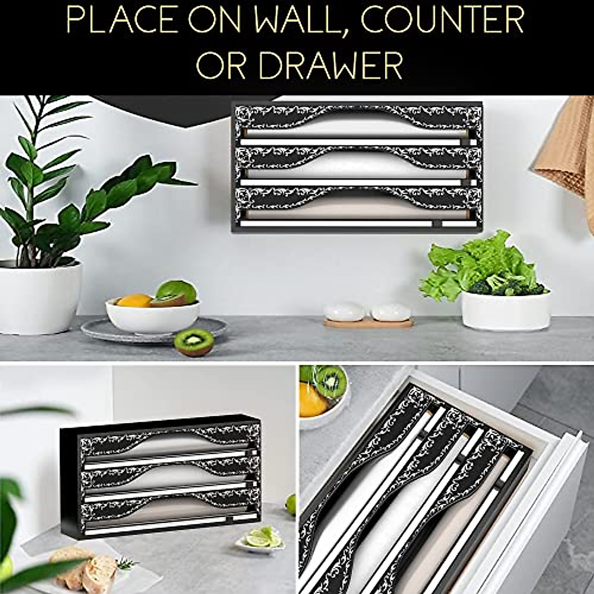 Extra Long Foil and Plastic Wrap Organizer for 15" Rolls, 3 in 1 Plastic Wrap Dispenser with Cutter, Aluminum Foil Organization And Storage, Parchment, Wax Paper Dispenser for Drawer