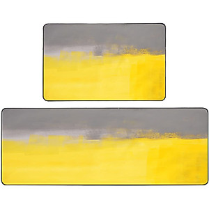 Jesmacti Kitchen Rugs and Mats Washable Yellow and Grey Abstract Art Printing Non-Skid Kitchen Floor Mats 17"x48"+17"x24" Sets 2 Piece Kitchen Rugs for Floor Front of Bed,Laundry Room,Hallway