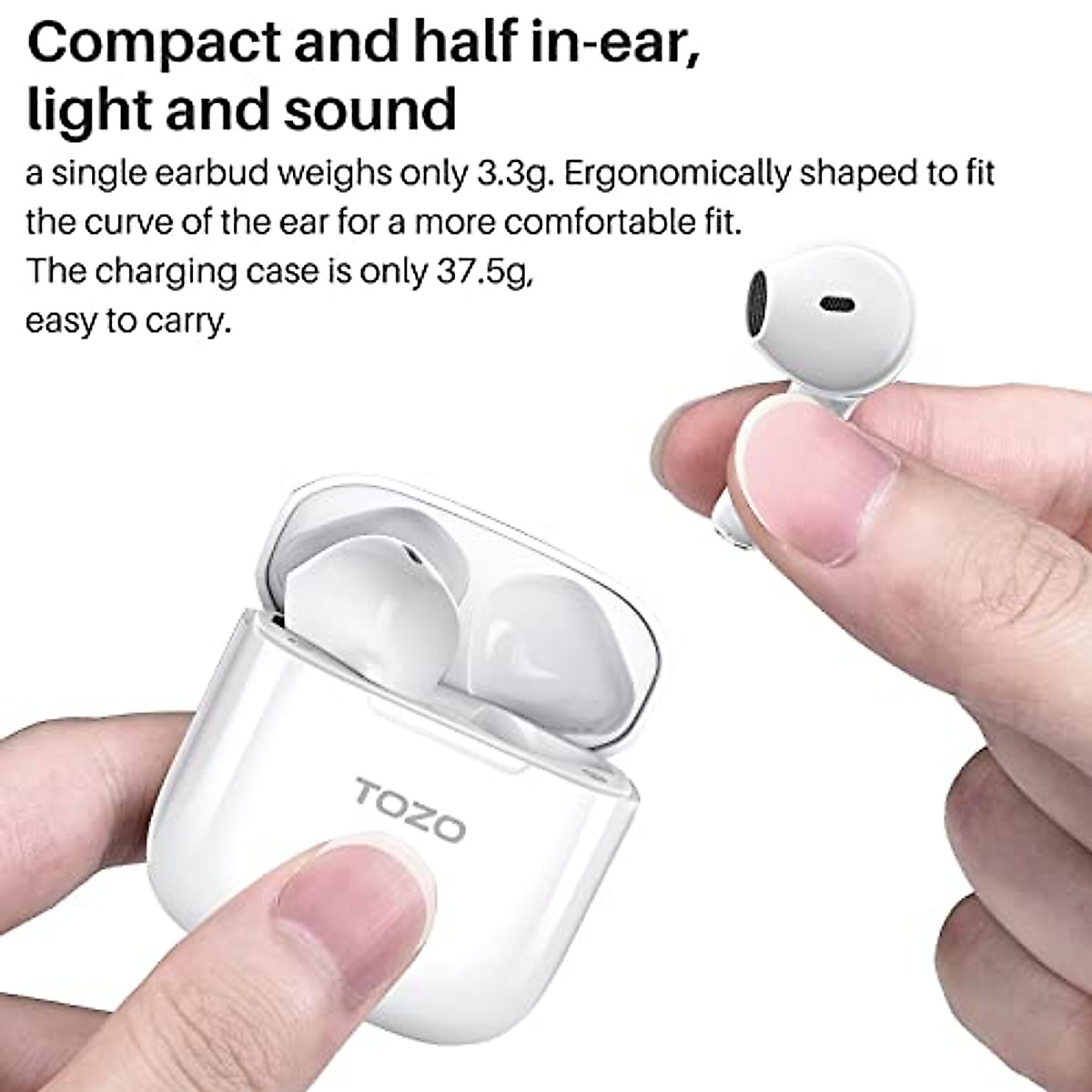 TOZO A3 2023 Upgraded Wireless Earbuds Bluetooth 5.3 Half in-Ear Lightweight Headsets with Digital Call Noise Reduction, Reset Button Hall Detection,Premium Sound with Long Endurance