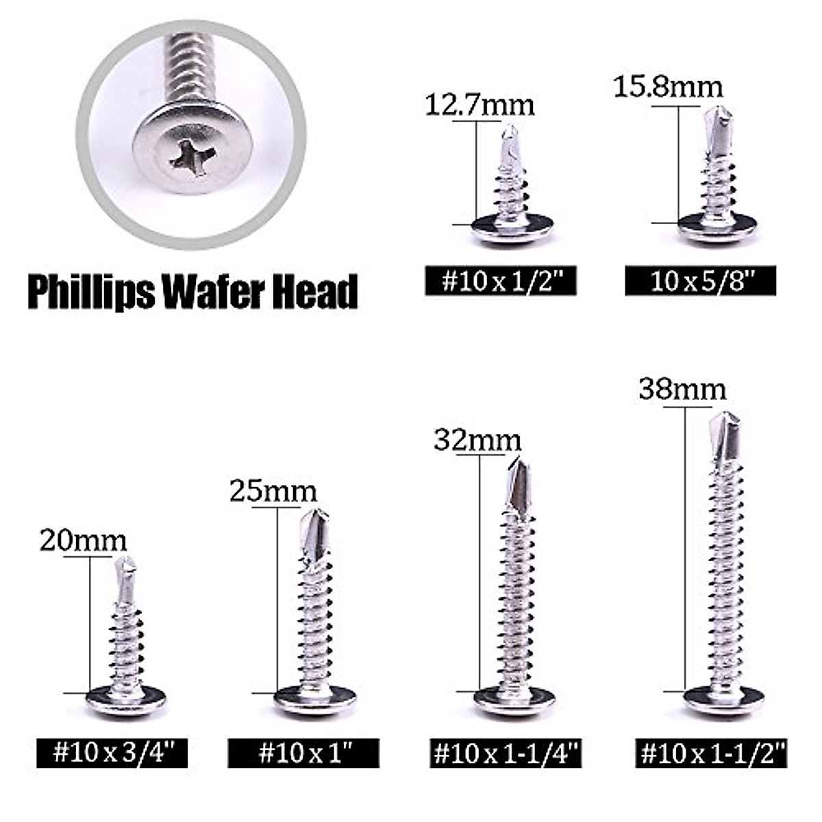 Hilitchi 410 Stainless Steel #10 Wafer Head Phillips Self Drilling Screws Sheet Metal Tek Screws Assortment Kit, Modified Truss Head Self Driller - Size: #10 x 1/2'' - 1-1/2'' - Pack of 200