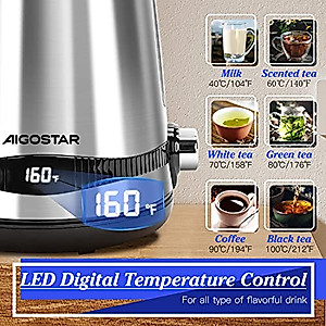 Aigostar Electric Kettle Temperature Control, Electric Tea Kettle with LED Display & 7 Presets, 304 Stainless Steel Hot Water Boiler with 120Min Keep Warm, Boil-Dry Protection, BPA Free,1.7L