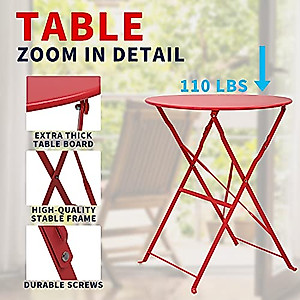 HCY Patio Bistro Set Outdoor Table and Chairs 3 Piece Patio Furniture Set Metal Folding Bistro Table Set Small Patio Set for Yard Porch Cafe Bistro Lawn Balcony Backyard Apartment (Red)