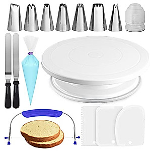 RFAQK 35PCs Cake Turntable and Leveler-Rotating Cake Stand with Non Slip pad-7 Icing Tips and 20 Bags- Straight & Offset Spatula-3 Scraper Set -EBook-Cake Decorating Supplies Kit -Baking Tools