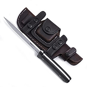 GCS Handmade Bushcraft Survival Knife - Tactical, Hunting, Camping with Grippy Micarta Handle, D2 Tool Steel, Leather Sheath; Left Hand Cross Draw & Right Hand Scout Carry - GCS115