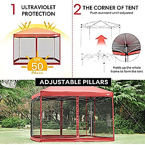 VIVOHOME 210d Oxford Easy Pop Up Canopy, 8x8 Outdoor Screen Tent with Mesh Mosquito Netting Side Walls for Camping Picnic Party Deck Yard Events,Red
