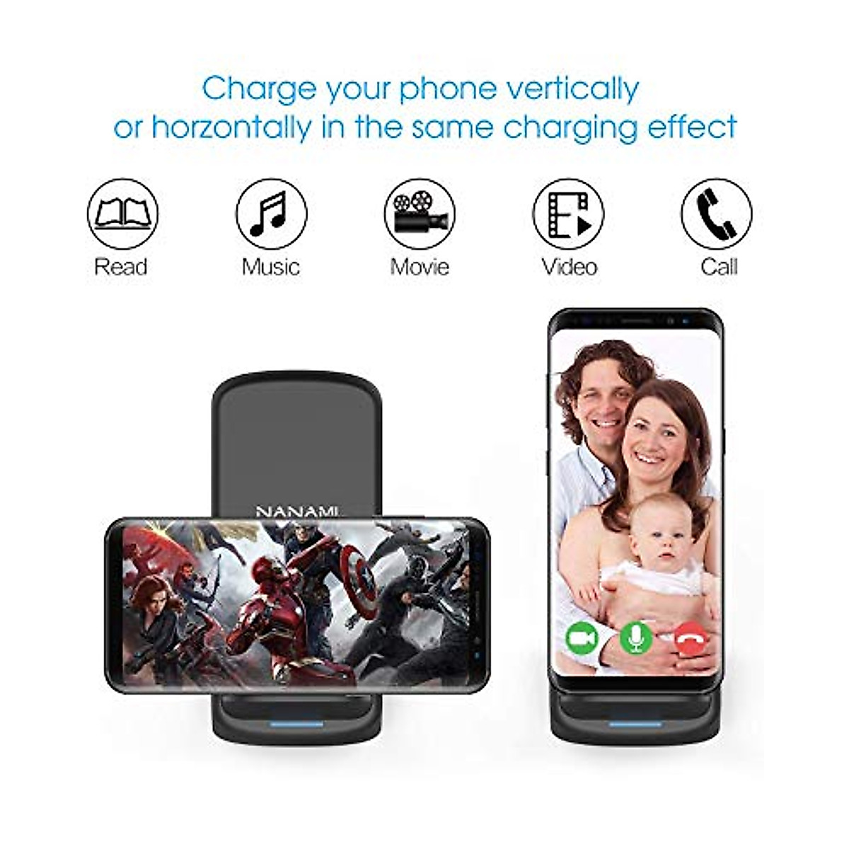 NANAMI Upgraded Fast Wireless Charger,Qi-Certified Wireless Charging Stand Compatible Samsung Galaxy S23/S22/S21/S20/S10/S9 S8/Note 20 Ultra/10/9 & Qi Phone Charger for iPhone 14/13/12/SE/11/XR/XS/X/8