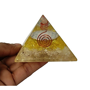 Sharvgun Orgonite Pyramid Citrine & Clear Flower of Life Crystal Orgone Pyramid Negative Energy Protection Reiki Chakra Spiritual Gift Box, 4 Crystal Healing Aura Cleasing Meditation Pyramids