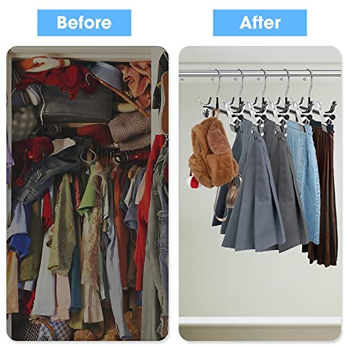 24Pack Pants Skirt Hangers with Clips, Adjustable Skirt Hangers for Women Non Slip Closet Organizers and Storage Space Saving Shorts Hangers for Pants Jeans Leggings Skirts Shorts Hats Clothes(Black)