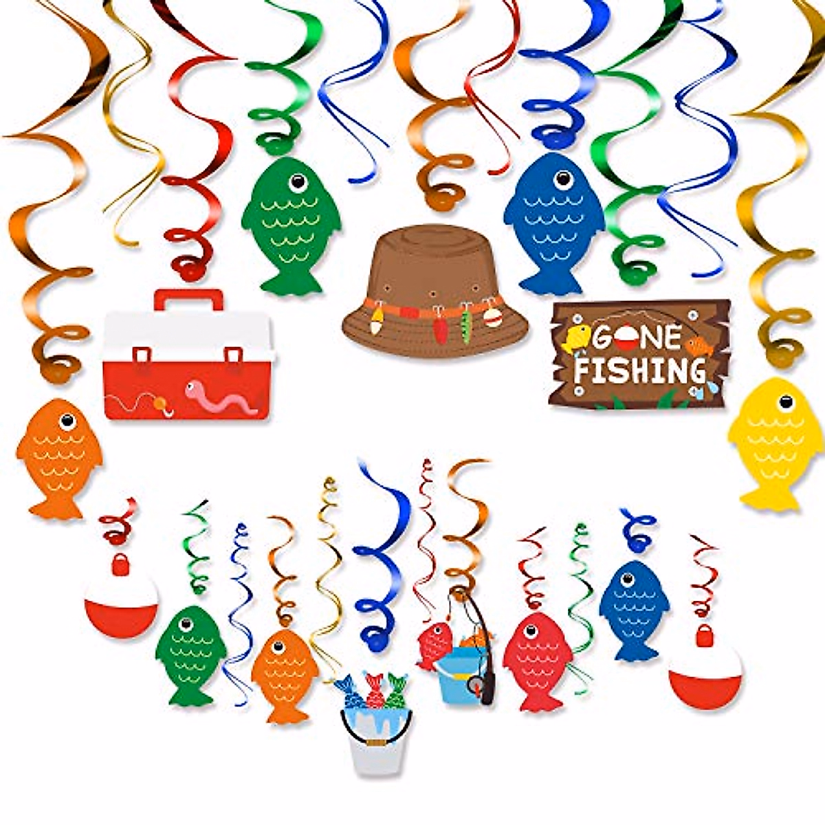 30CT Gone Fishing Party Hanging Swirl Decorations Kit Little Fisherman The Big One Birthday Baby Shower Photo Props Summer Reel Fun Ideas Ceiling Door Foil Whirls Streamers Supplies