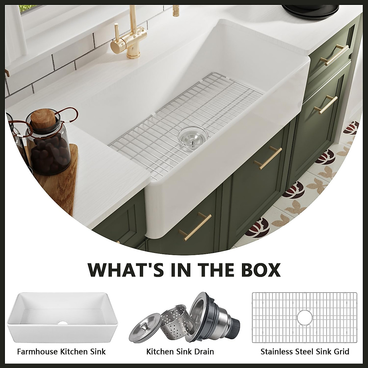 DeerValley Farmhouse Sink, DV-1K505 Grove 36"L x 18"W Fireclay Farmhouse Sink White Apron Front Deep Single Bowl Kitchen Sink with Sink Grid and Basket Strainer
