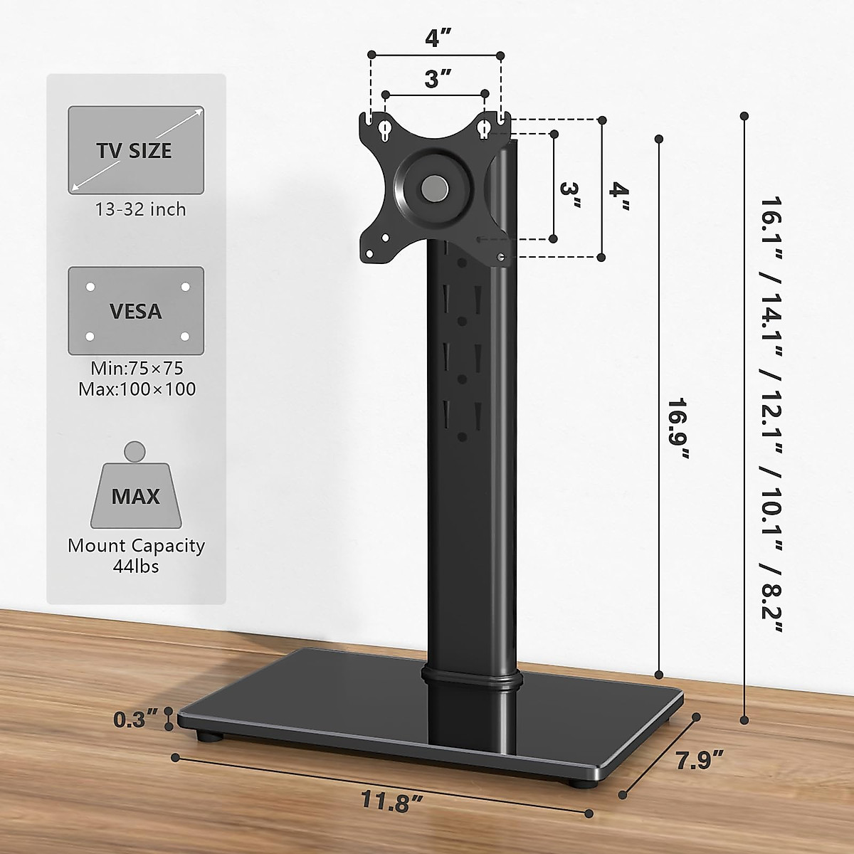 Single Monitor Stand VESA Mount for 13-32 Inch Screens, Free-Standing Monitor Riser with Swivel Tilt Rotation Height Adjustable, VESA Monitor Mount up to 44lbs, VESA 75x75，100x100mm