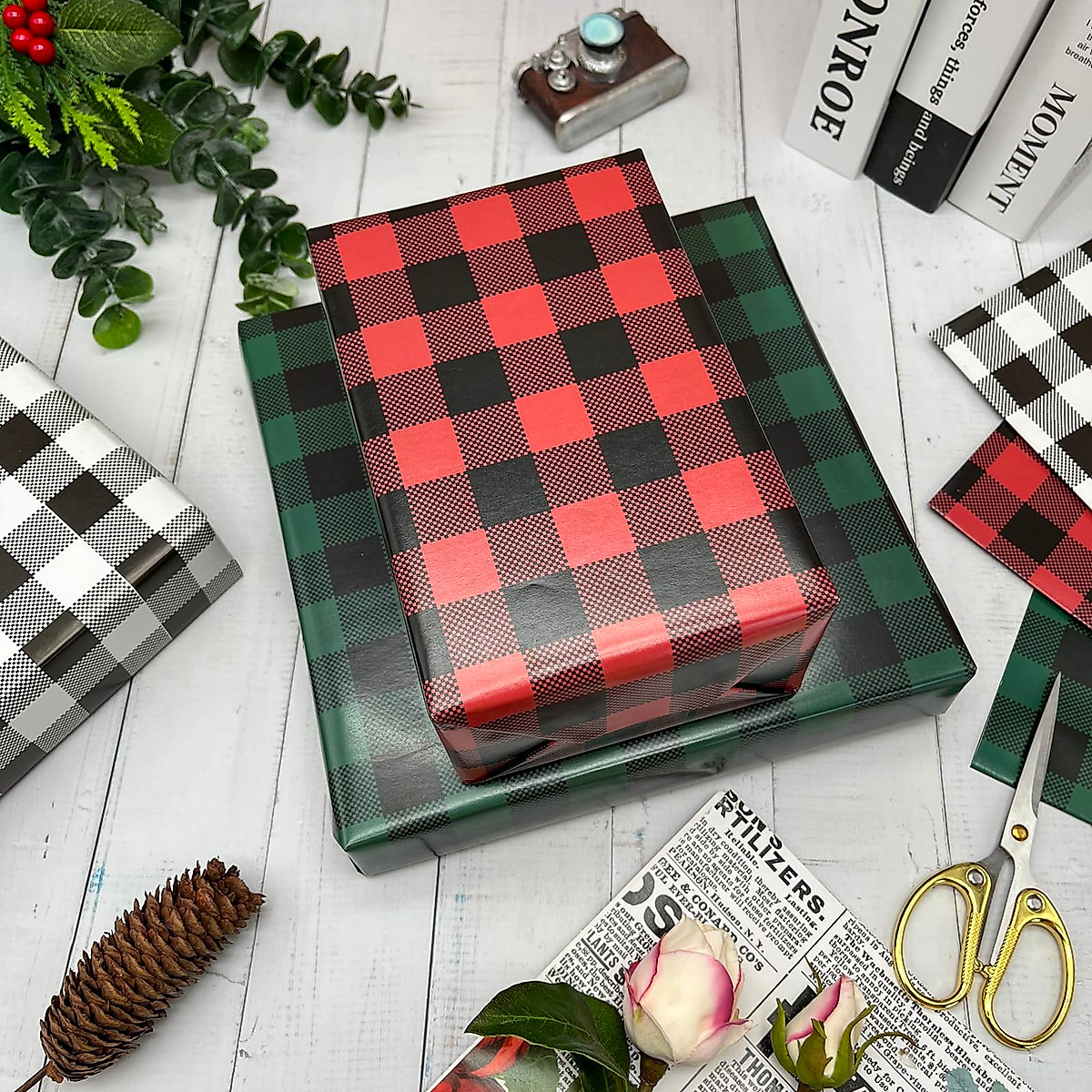 Dtiafu Christmas Plaid Wrapping Paper for Women Men Girls Boys - 12 Sheets Red Green Black Buffalo Plaid Gift Wrap for Holiday Birthday Wedding - 20 x 28 Inch Per Sheet Not Rolled