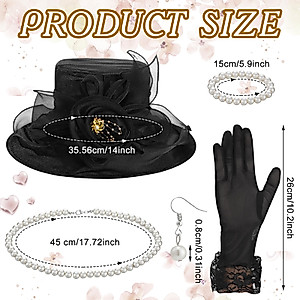 Aurelema 5 Pcs Derby Fascinator Hat for Women Tea Party Hat and Gloves Set Wide Brim Hat Pearl Necklace Bracelet and Earring(Black)