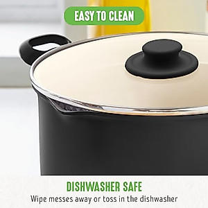 GreenLife 6QT Ceramic Nonstick Stockpot with Glass Straining Lid, PFAS & PFOA-Free, Dishwasher Safe, Stay-Cool Handles, Oven Safe to 350°F, Wobble-Free Base, Even Heating, Black