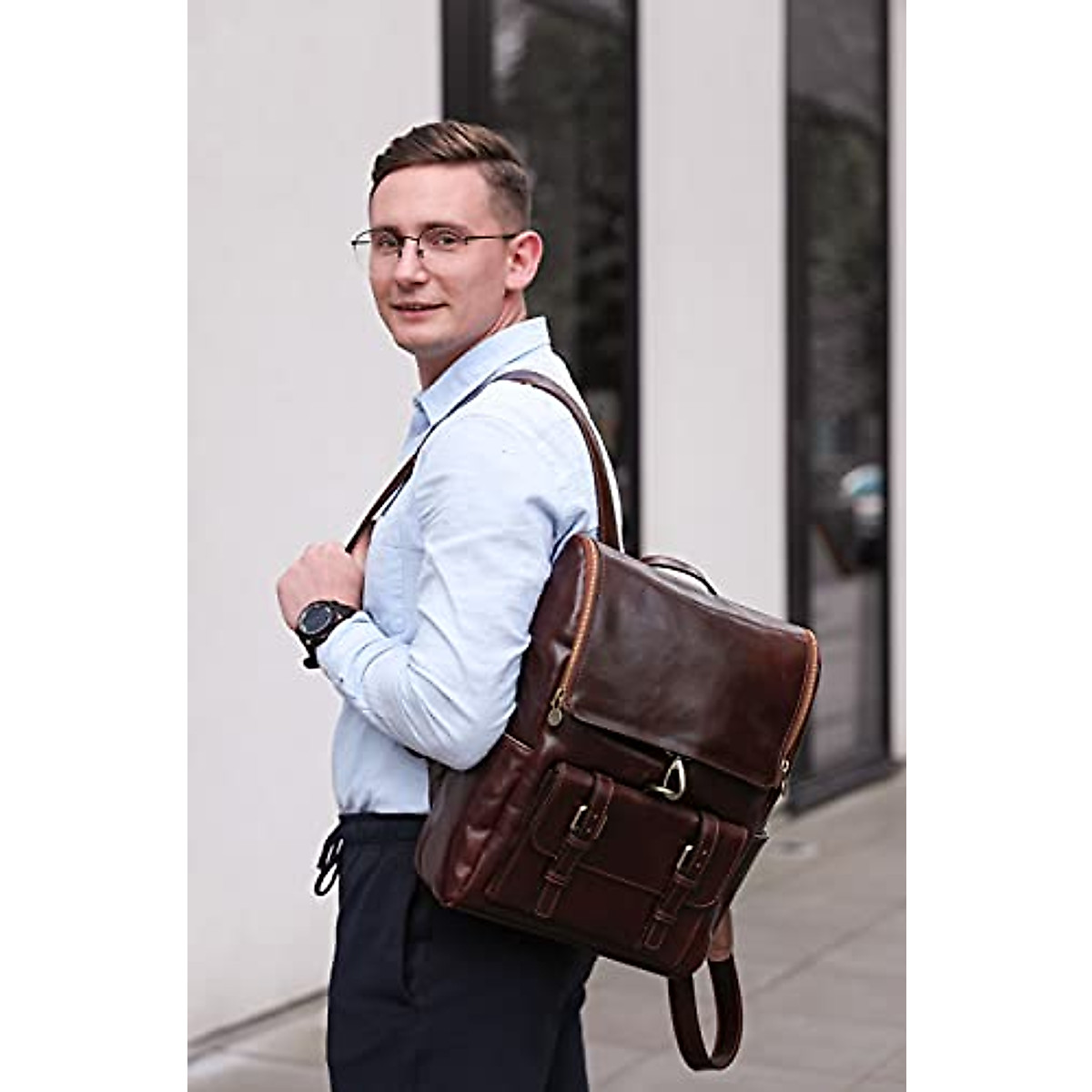 Time Resistance Leather Backpack up to 15in Laptop Brown Travel Bag