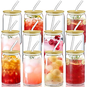 16 OZ Glass Cups with Bamboo Lids and Glass Straws - 12pcs Set Beer Shaped Drinking Glasses, Iced Coffee Cups, Cute Tumbler Cup for Smoothie, Boba Tea, Whiskey, Water