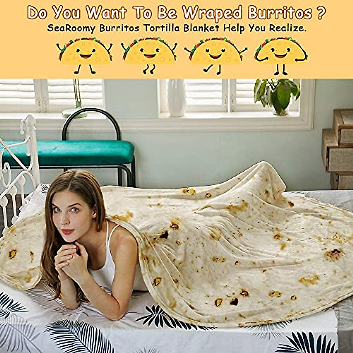 Burritos Tortilla Throw Blanket, Tortilla Wrap Blanket, Novelty Tortilla Round Blanket Giant Tortilla Round Soft Blanket for Adults and Kids