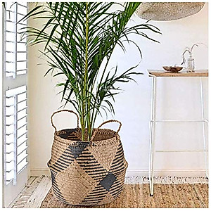 BeeGreeny Seagrass Belly Basket | Black Diamond Handwoven Foldable Storage Basket with Handles for Laundry, Picnic, Pot Cover, Decor | Natural, Eco-Friendly Household Items