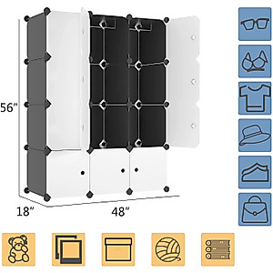 JKWAY DIY 12 Cube Storage Organizer with Doors, Portable Closet Wardrobe 14 in x18 Depth Cubes Clothes Organizer, Cabinet Book Shelf for Bedroom, , Office, Dorm Room (Black/White), (42 x56 )