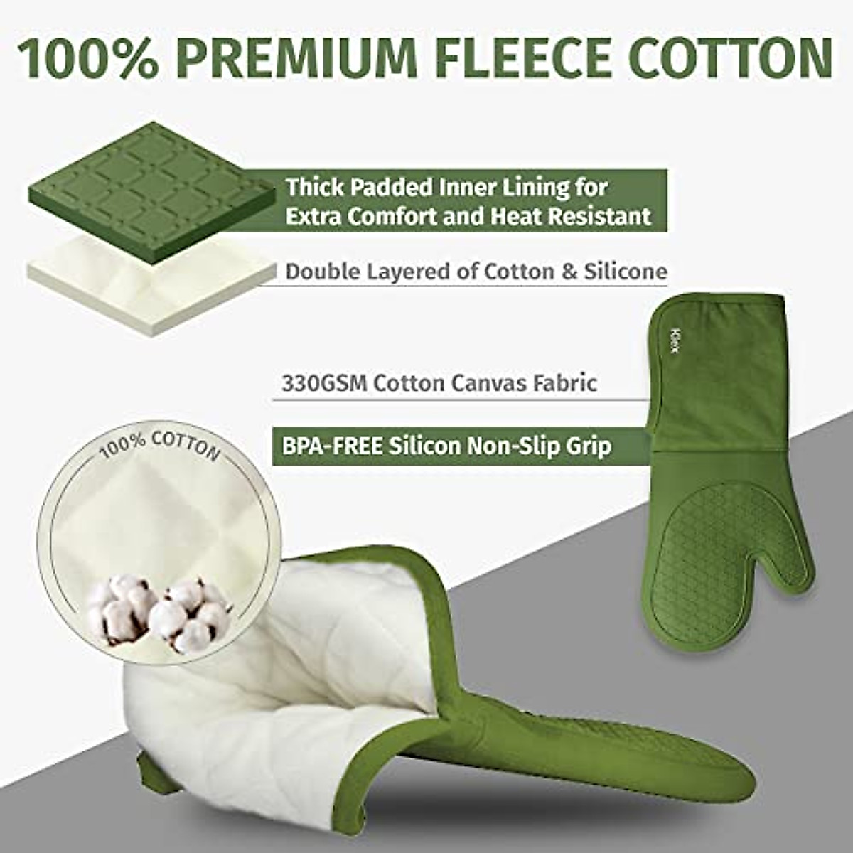 Klex Extra Long Silicone Oven Mitts and Pot Holders, 932°F Degrees Heat Resistance with Quilted Liner Oven Gloves and Hot Pads, 4 Piece Set, 15 inch, Green