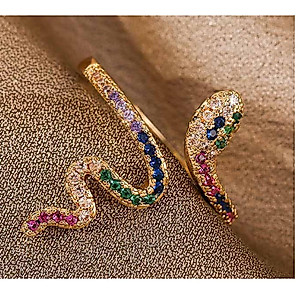 Tafeily Dainty Cute Gold Plated Snake Rings for Women Girls Rainbow CZ Adjustable Rings Expandable Statement Toe Stacking Open Band Finger Ring Valentine's Jewelry Anniversary Birthday Gifts (gold)