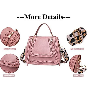 HANDAFA Convertible Satchel Handbag Woven Leopard Shoulder Hnadbag Crossbody With Gituar Strap For Women(Pink)