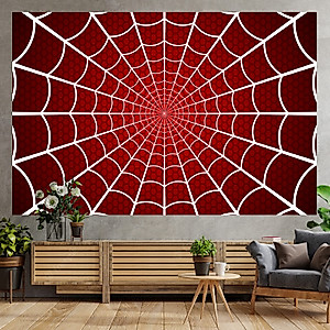 Spider Web Happy Birthday Banner Backdrop Super Hero Theme Decor Decorations for Boys Girls 1st Birthday Party Supplies Baby Shower Photo Booth Props Background Photography