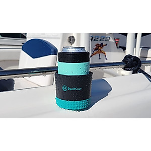 SquidCup Non-Tipping Portable Universal Cup, Can, and Bottle Holder for Boats, (Black/Teal 2 Pack) Includes Optional SquidDisk Mount for Textured Surfaces