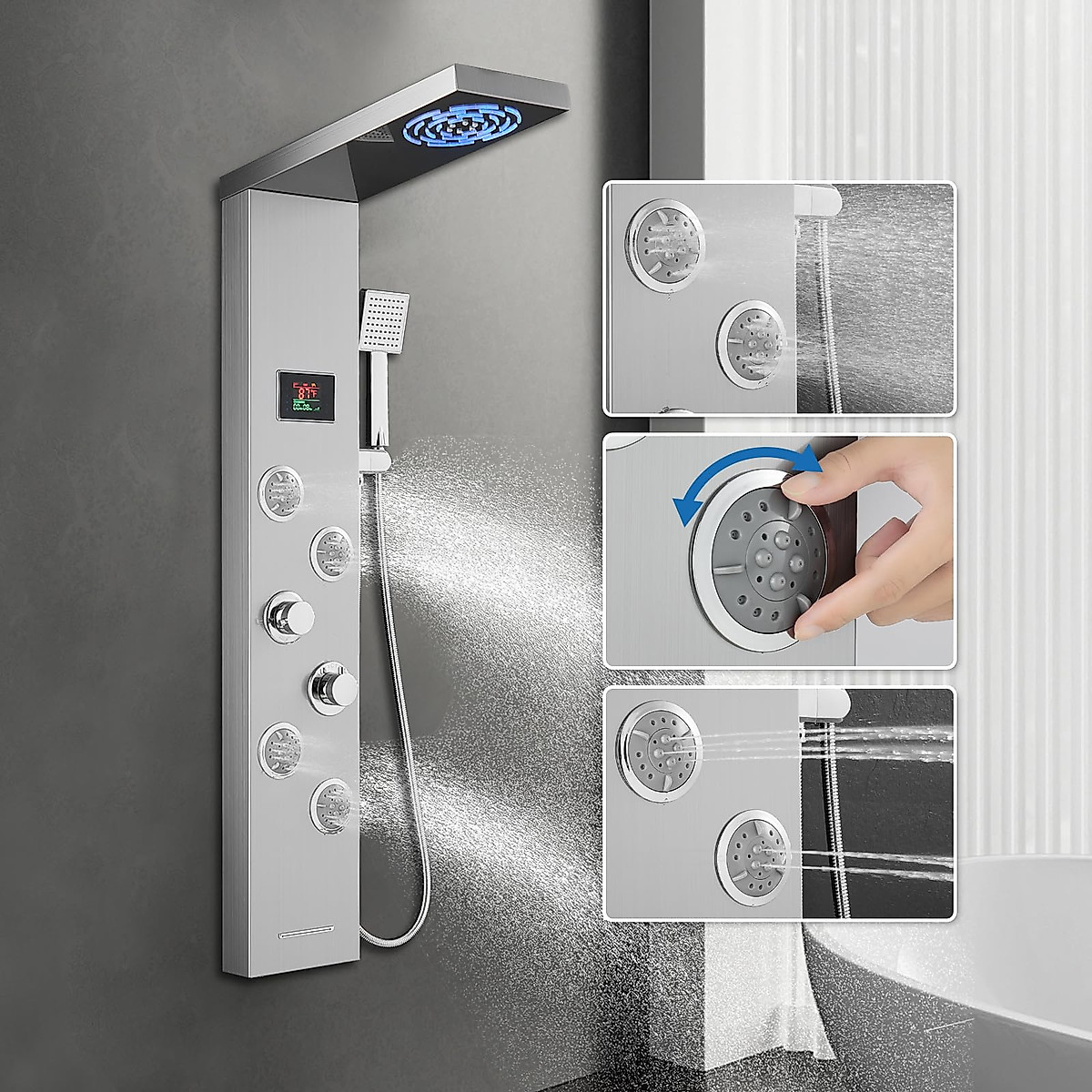 OUGOO Shower Panel System with LED Lights Rainfall Mist Shower, Body Jets, Handheld and Tub Spout, Shower Tower Column with Temp Display No Battery Needed, 304 Stainless Steel Brushed
