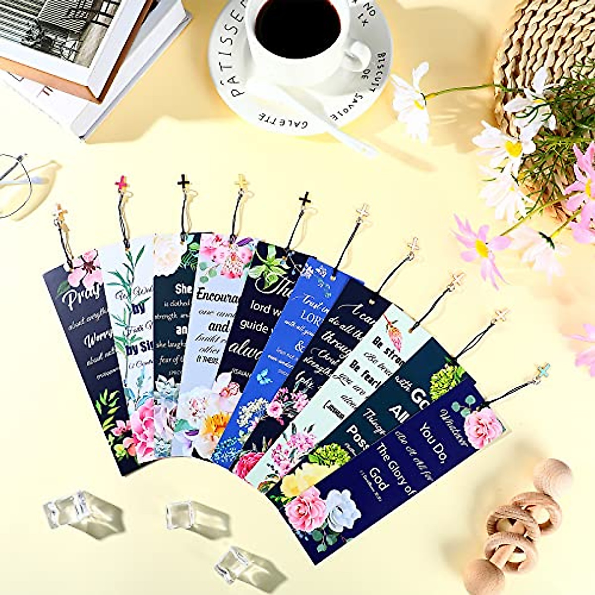 20 Pieces Bible Verses Inspirational Scripture Bookmark Motivational Positive Page Marker with Cross Pendants for Church Supplies, Schools and Ministries (Flower Style)