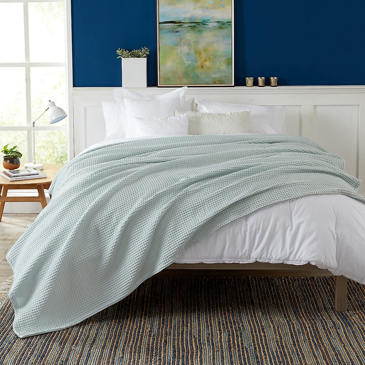 100% Cotton Waffle Weave Bed Blanket | Soft, Breathable, and Lightweight Blanket for All-Season | Perfect for Layering | Brielle Collection (King, Icy Blue)