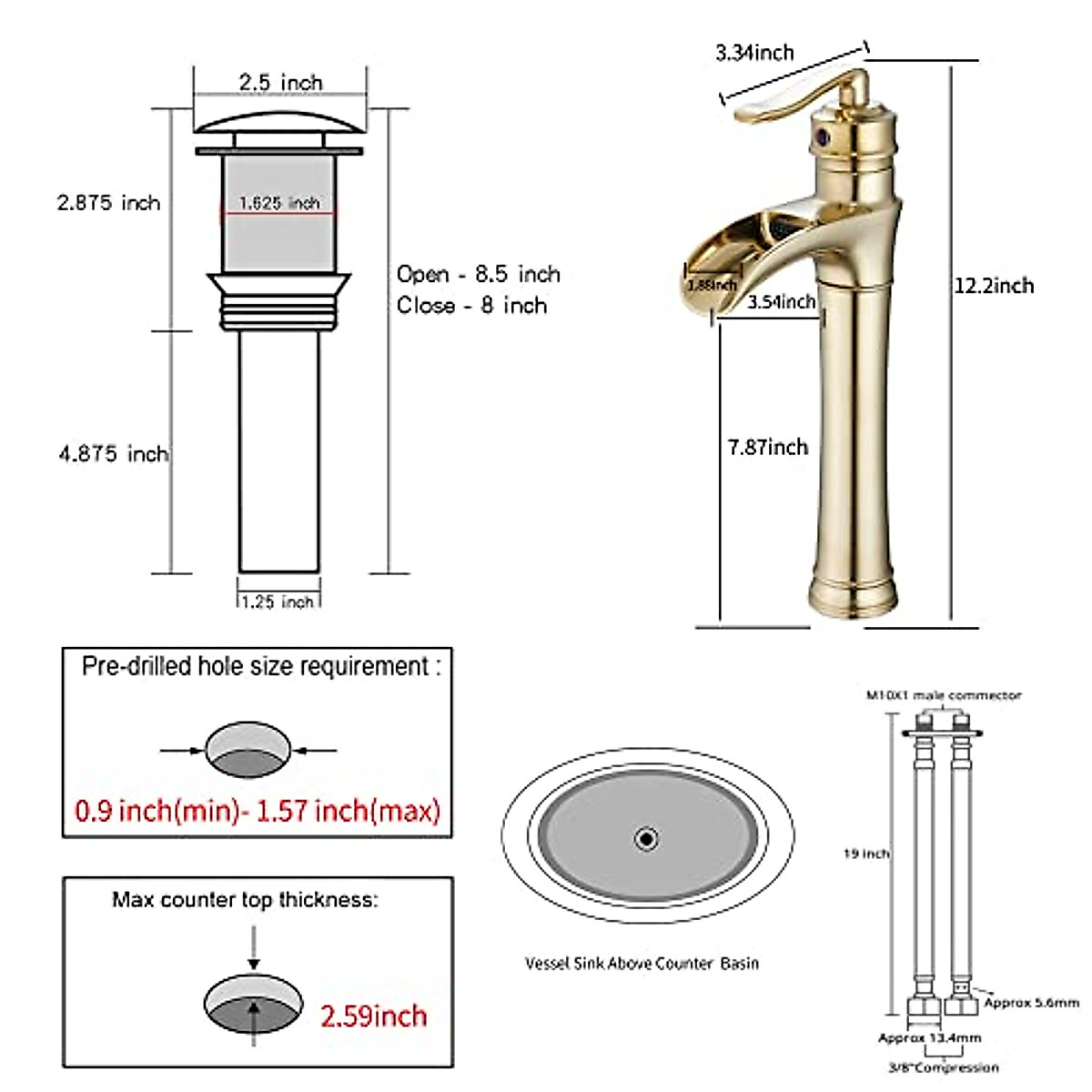 Brushed Gold Bathroom Faucet GGStudy Waterfall Bathroom Faucet Single Handle One Hole Tall Body Farmhouse Bathroom Vessel Sink Faucet Vanity Faucet Matching with Pop Up Drain