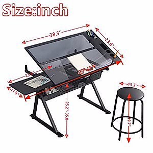 Gynsseh Glass Drafting Table Drawing Desk with Stool, Height Adjustable Art Desk for Adults/Artists, Tiltable Tabletop Professional Art Table Paintings Desk for Home Office School (Black)