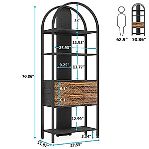 Tribesigns 4-Tier Bookshelf with 2 Drawers, Industrial Open Book Shelf Arched Bookcase, 70.8" Tall Storage Shelves Display Rack with LED Light and Metal Frame for Living Room, Home Office (1)