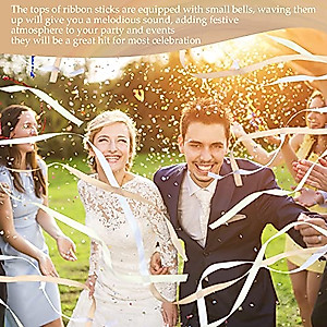 100 Pieces Lace Ribbon Wedding Wand Sticks Colorful Ribbon Streamers Party Ribbon Streamers with Bells Silk Fairy Stick Wands for Wedding, Party, Holiday, Activities(White, Brown, Champagne)
