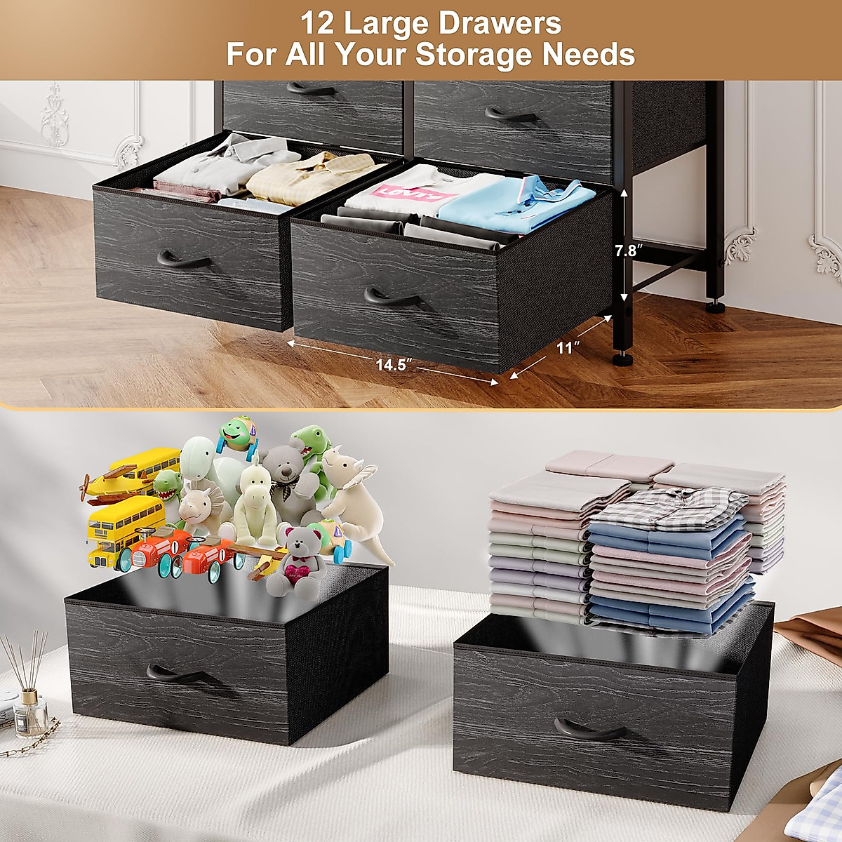 YaFiti Dresser for Bedroom, Tall Dresser with12 Drawers, Dressers Bedroom Furniture Dressers & Chest of Drawers for Clothes, Closet, Black 2pcs