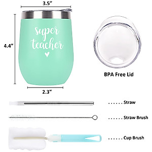 Super Teacher Stainless Steel Wine Tumbler, Christmas Birthday Appreciation Retirement Teacher’s Day Thank You Gifts for Teacher Tutor Professor Women, 12oz Insulated Wine Tumbler with Lid, Mint Green